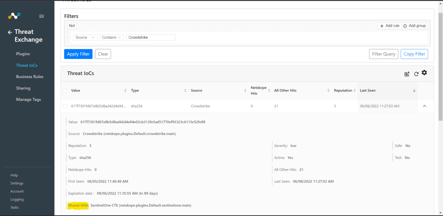 SentinelOne Plugin for Threat Exchange - Netskope Knowledge Portal