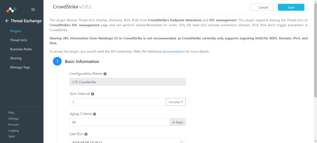 CrowdStrike Plugin for Threat Exchange - Netskope Knowledge Portal